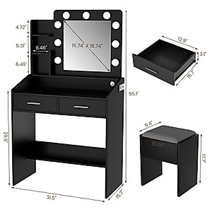 GarveeHome Vanity Desk with Mirror and Lights, Makeup Vanity Desk with Charging Station and Cushioned Stool, Dressing Table with 2 Drawers & 3 Lighting Modes Adjustable Brightness for Bedroom, Black