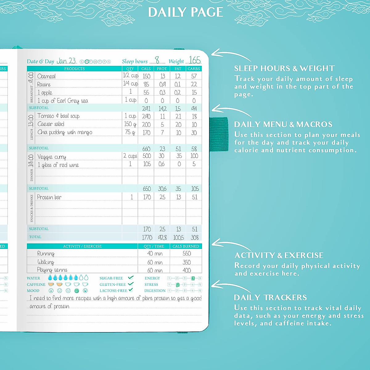 Legend Wellness Planner & Food Journal – Daily Diet & Health Journal with Weight Loss, Measurement & Exercise Trackers – Lifestyle & Nutrition Diary – Lasts 6 Months, A5 size – Turquoise