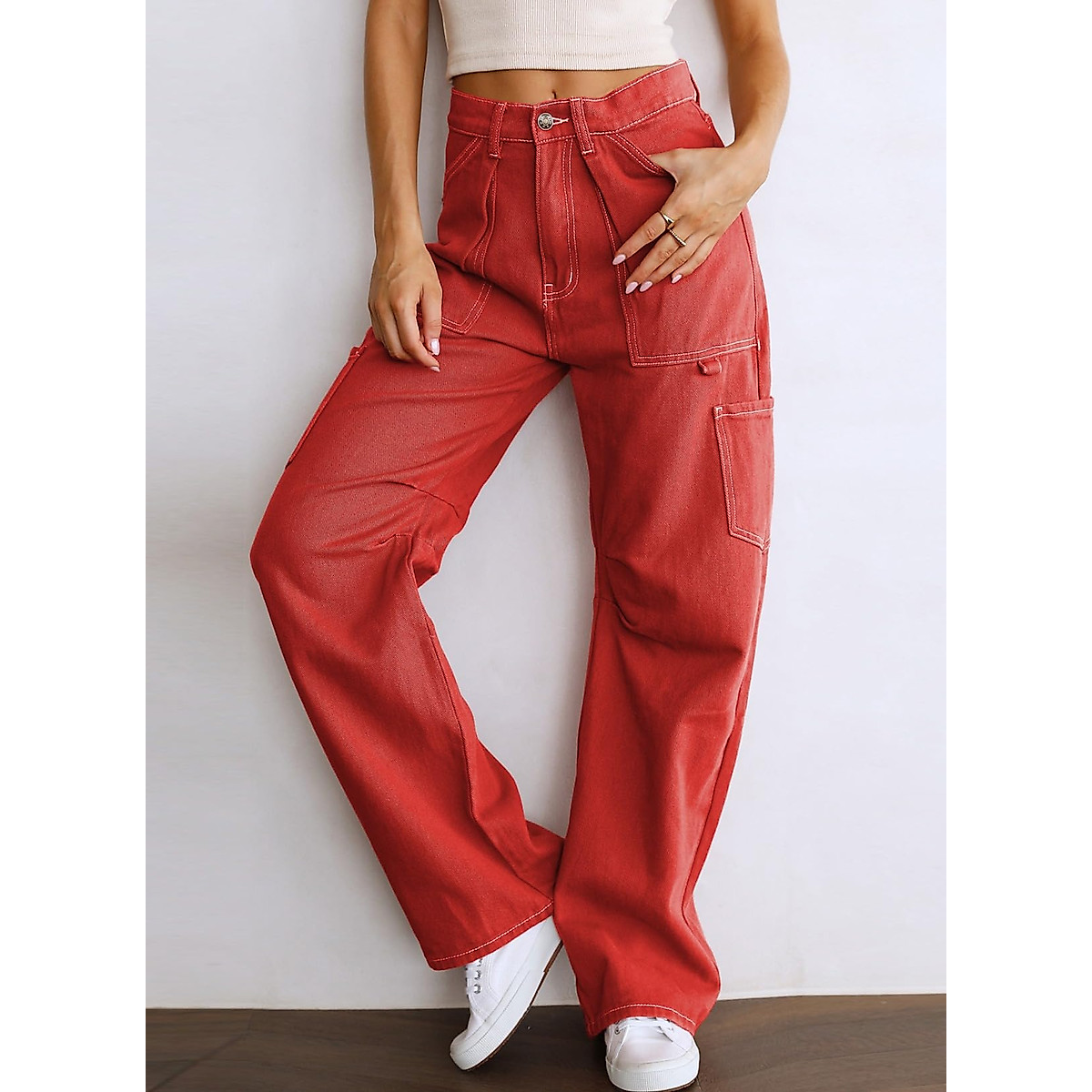 Dokotoo Red Pants Women Straight Leg Jeans for Women Trendy Baggy Y2K Holiday Party Beach Outfits for Women 2024 Womens Fashion Womens Clothes Clothing Pants