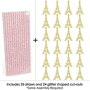 Gold Glitter Eiffel Tower Party Straws - No-Mess Real Gold Glitter Cut-Outs and Decorative Paris Themed Baby Shower or Birthday Party Paper Straws - Set of 24