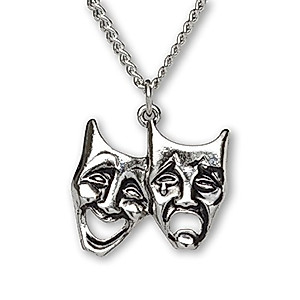 Real Metal Comedy Tragedy Masks for Drama Theater and Actors Silver Finish Pewter Pendant Necklace