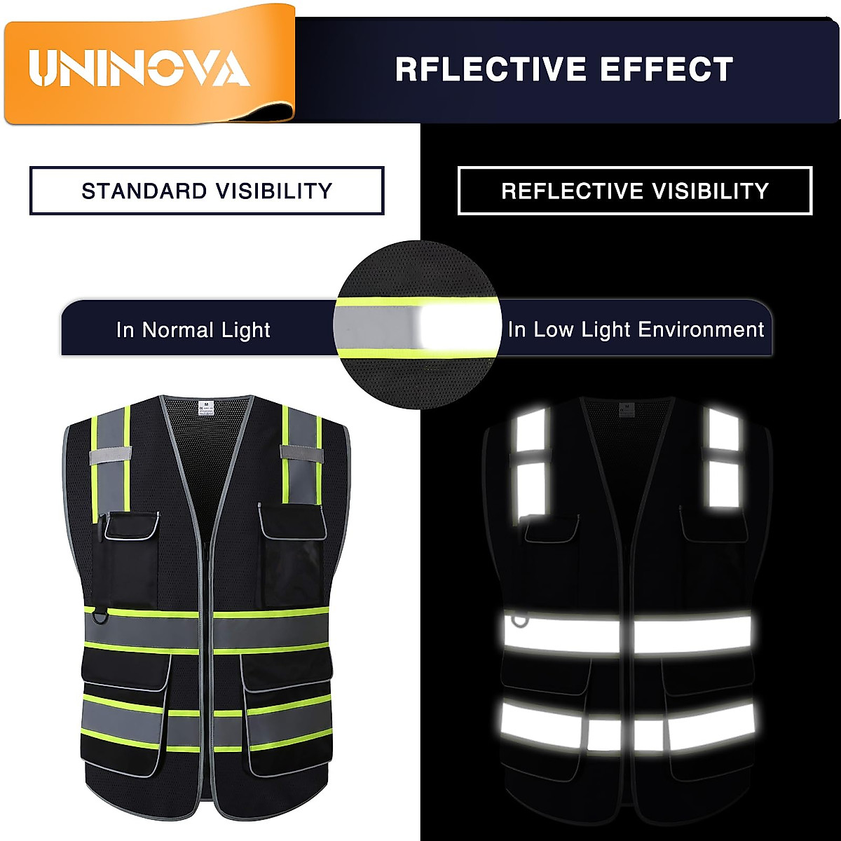 UNINOVA High Visibility Safety Vest - Multi Pockets Reflective Mesh Breathable Workwear, ANSI/ISEA Standards (Large, Black Mesh-02)