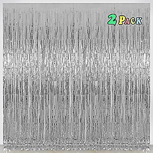 Silver Backdrop Curtains for Parties, Melsan 3.2 x 8 ft Foil Fringe Curtains Backdrop for Birthday,Engagement,New Year Eve, Disco Party Backdrop Decorations, Pack of 2