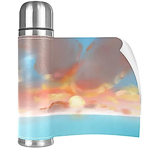 Stainless Steel Leather Vacuum Insulated Mug Sky Thermos Water Bottle for Hot and Cold Drinks Kids Adults 16 Oz