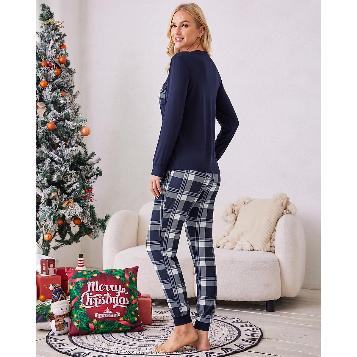 difficort Pajama Sets for Women Soft Two Piece Christmas Pjs Long Sleeve Holiday Pajamas with Pockets, Navy, Large