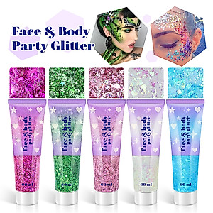 Body Glitter Gel, 2 Jars Holographic Chunky Glitter Makeup for Body, Hair, Face, Nail, Lip, Eyeshadow, Total 120ML Long Lasting Iridescent Chunky Glitter for Concert Festival Rave (Red & Black)