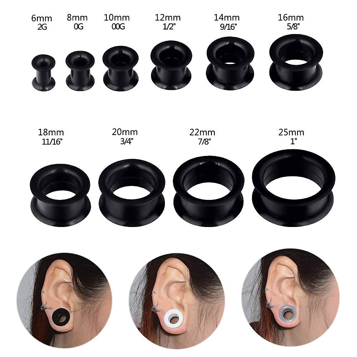 Stuppendux 2g-1" 10Pairs Black Plugs Kit Ear Skins Gauges Hard Ear Expander Tunnels Stretching Set 6-25MM