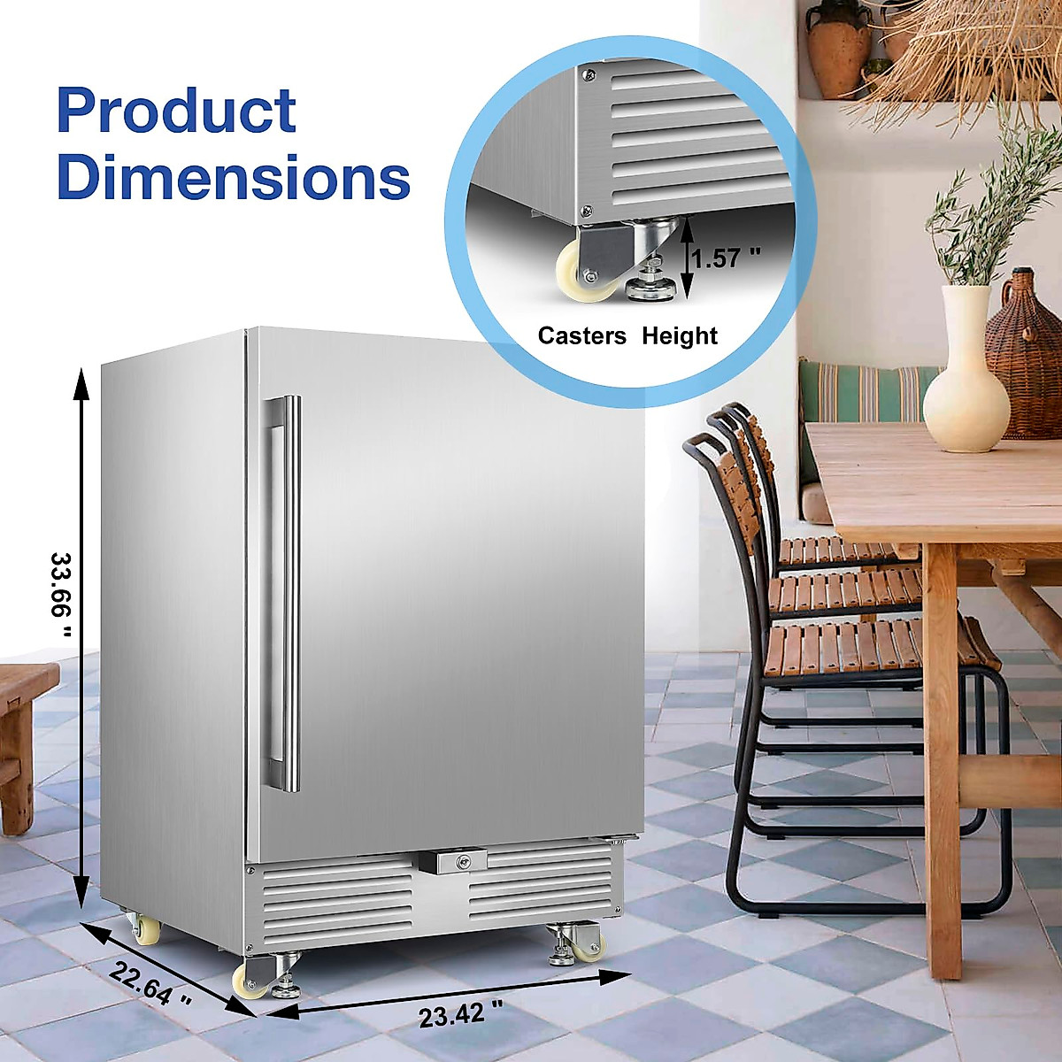 Outdoor Refrigerator with Wheels, 24 Inch Undercounter Beverage Fridge Lockable, 180 Cans Beverage Cooler Durable and Waterproof for Outdoor Kitchen and Patio