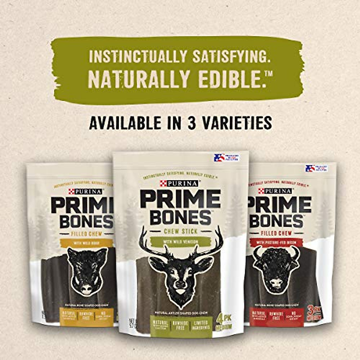 Purina Prime Bones Made in USA Facilities Limited Ingredient Medium Dog Treats, Chew Stick With Wild Venison - 9 ct. Pouch