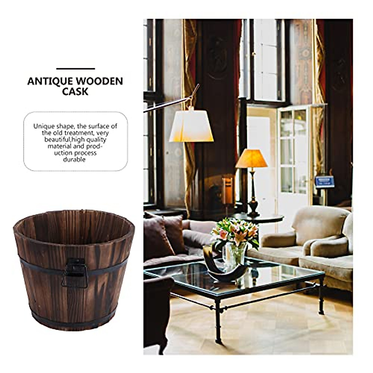 Happyyami Wooden Flower Bucket Wooden Bucket Barrel Planters Rustic Patio Planter Flower Pots for Plants Indoor Outdoor Garden Decoration Ornament Coffee