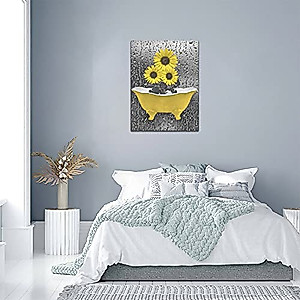 Sunflower Bathroom Wall Art Yellow Gray Bathroom Framed Canvas Wall Art Sunflowers in Bathtub Wall Decor Modern Decorative Bath Home Decor Matted Floral Picture for Bedroom Living Room 12x16 inch
