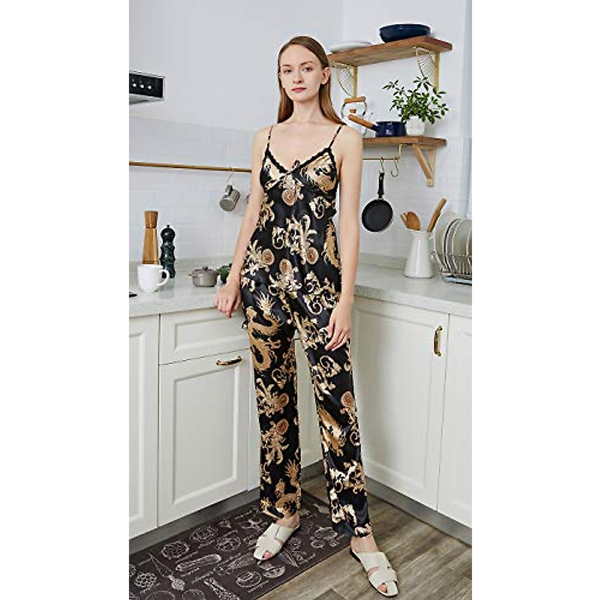 Escalier Women's Silk Satin Pajamas Set 3 Pcs Floral Silky Pj Sets Sleepwear Cami Nightwear with Robe and Pants Black M
