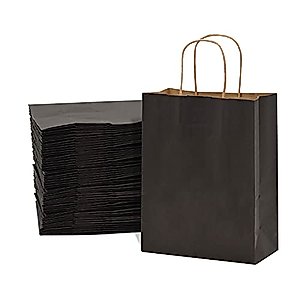Black Gift Bags - 8x4x10 Inch 100 Pack Small Black Kraft Paper Shopping Bags with Handles, Plain Mini Totes for Small Business, Retail, Boutique Merchandise & Supplies, Birthday Party Gift Wrap, Bulk