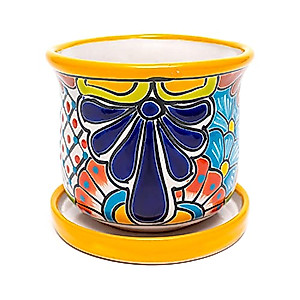 Enchanted Talavera Small Ceramic Flower Pot & Saucer Succulent Planter House Plant Cactus Bonsai Decorative Pot Plant Container 2-Piece Set (Marigold)