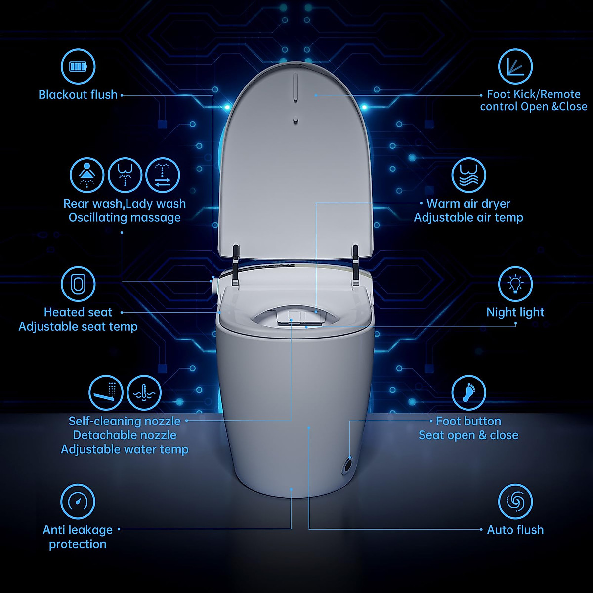 Smart Toilet,Auto Flush, Heated Bidet with Temperature Controlled Wash Functions, Pre-Wet, Warm Air Dryer, Soft Closing Seat,Energy-Saving Electric Tankless Toilets with LED Display