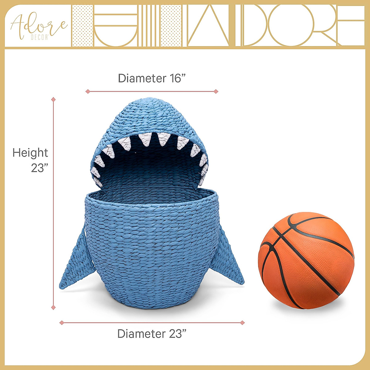 Adore Decor Sharky Laundry Hamper, Child & Pet Safe Basket, Baby Hamper for Nurseries, Cute Toy Basket for Children's Bedrooms, or Cat & Dog Toy Box, Natural & Sustainable Water Hyacinth, Medium Blue