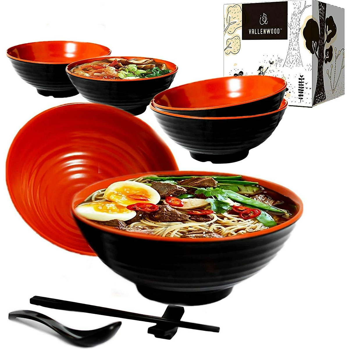 VALLENWOOD 6 Ramen Bowls, 18 pieces Pho set. Red Black Asian Japanese soup. Utensil: Spoons And Chopsticks kit. Melamine. Large 37 oz. Noodles, Rice, Udon, Thai, Chinese, Korean, Wonton, Miso