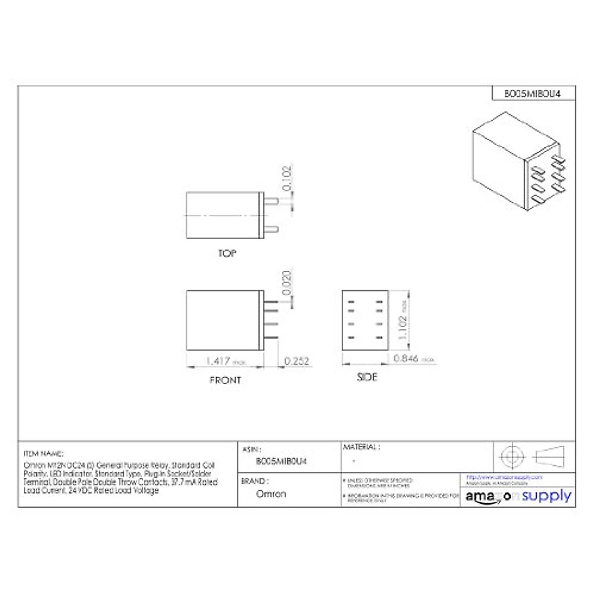 Omron MY2N DC24 (S) General Purpose Relay, Standard Coil Polarity, LED Indicator, Standard Type, Plug-In Socket/Solder Terminal, Double Pole Double Throw Contacts, 37.7 mA Rated Load Current, 24 VDC Rated Load Voltage