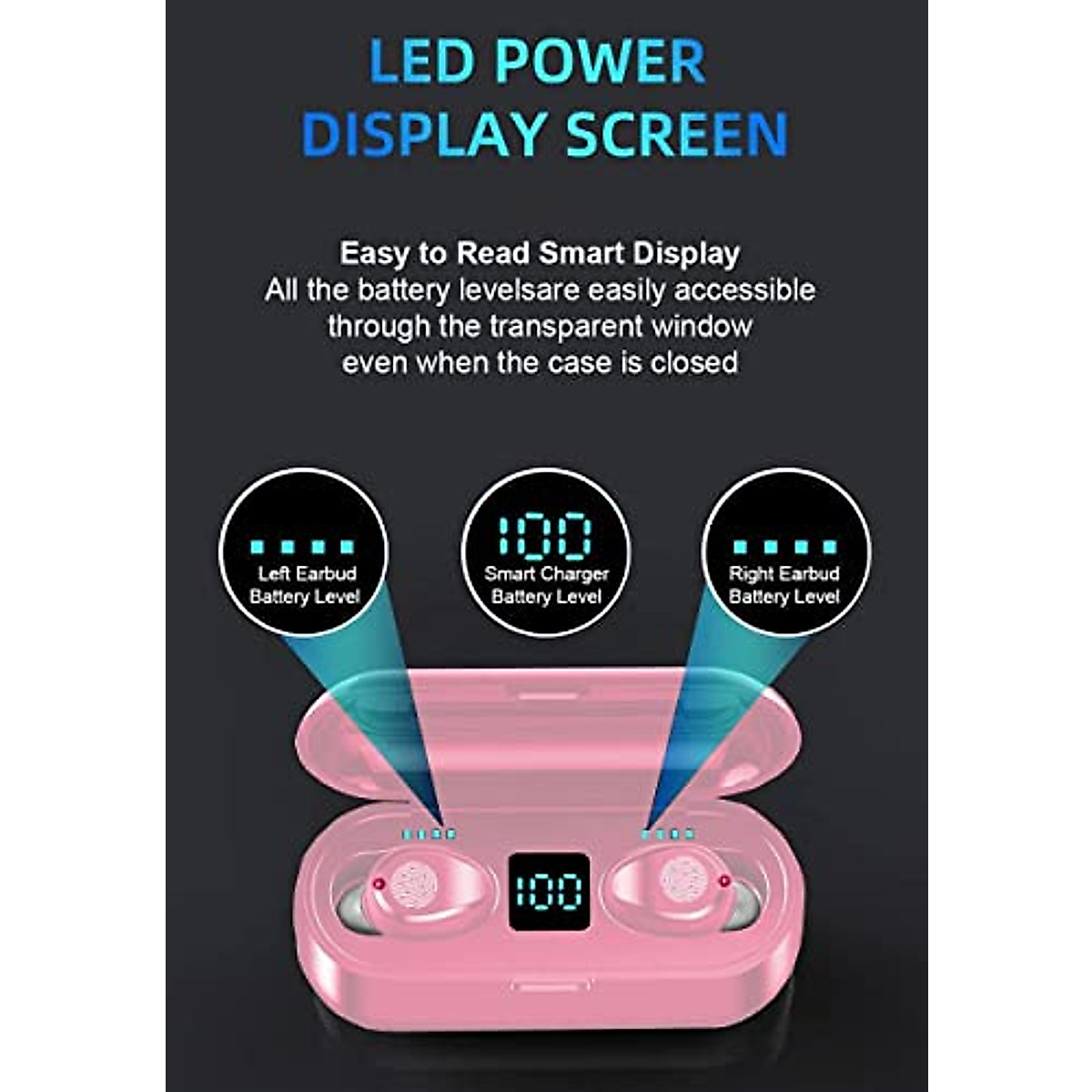 eDealz Fully Wireless Bluetooth 5.0 Rechargeable IPX7 Waterproof Earbud Headphones w Microphone, 2000mAh USB Smart Dual Charging Case/Stand Surround Stereo Bass and Passive Noise Cancelling (Pink)