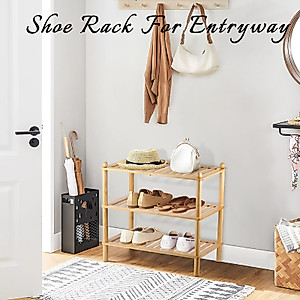 Tohomes 3-Tier Shoe Rack,Shoes Organizer,for Front Door Entrance, Free Standing Shelf Entryway and Closet Hallway, Small Space Stackable Bamboo Multifunctional Racks