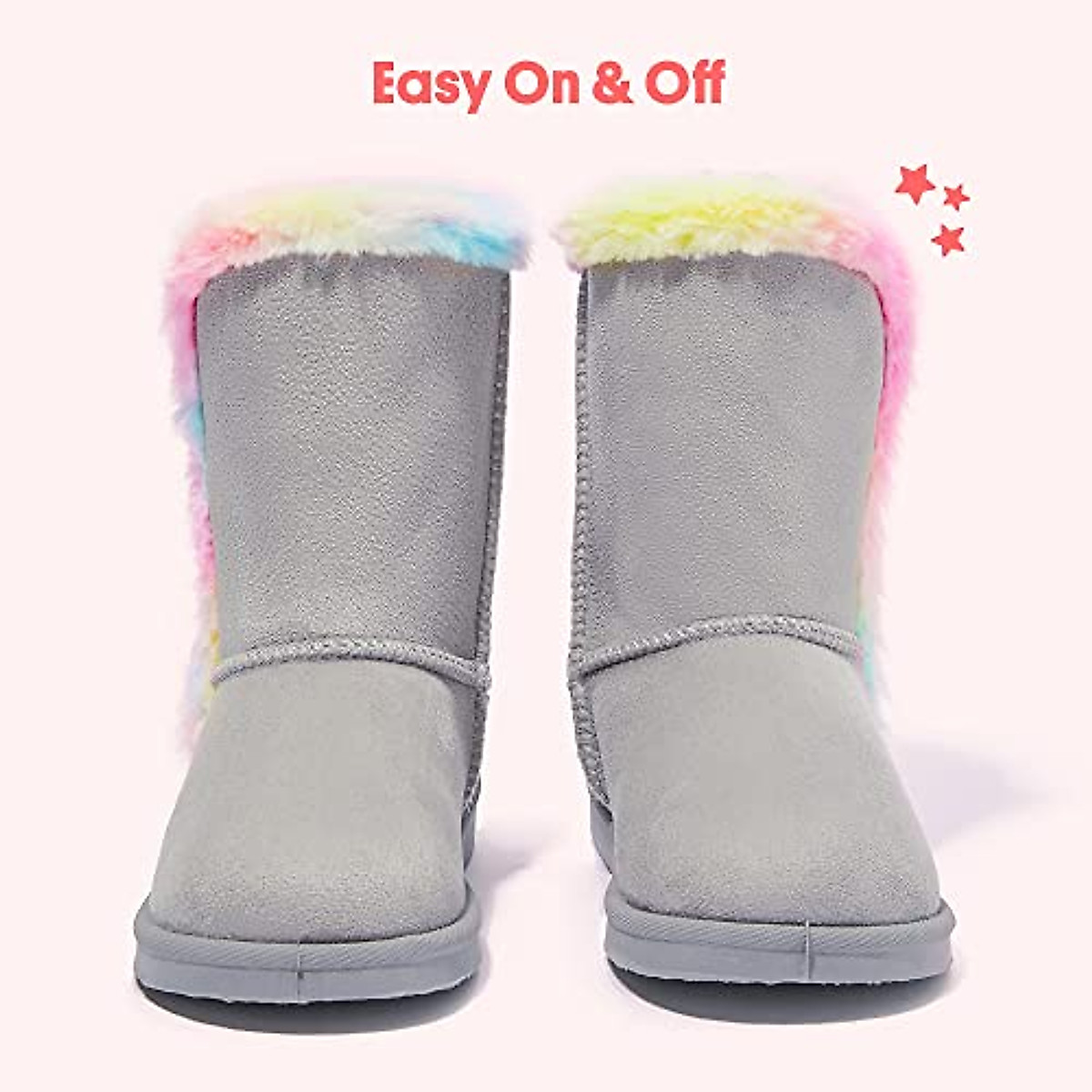 FabKids Faux Fur Lined Warm Winter Easy Slip On Boots (Toddler Little Kid Big Kid), Grey with Rainbow, Size 2