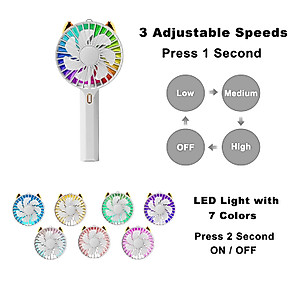 Mini Fan Handheld Fan, 3 in 1 Small Fan with 7 Colors LED Lights, 3 Adjustable Speeds, Rechargeable Battery Operated Fan for Kids, Girls and Women Outdoors or Home Office Use.