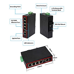 CERRXIAN Industrial 5 Port Ethernet Switch DIN-Rail, 10/100M Network Switch Support IEEE802.3 - Transmission Distance 820.2ft