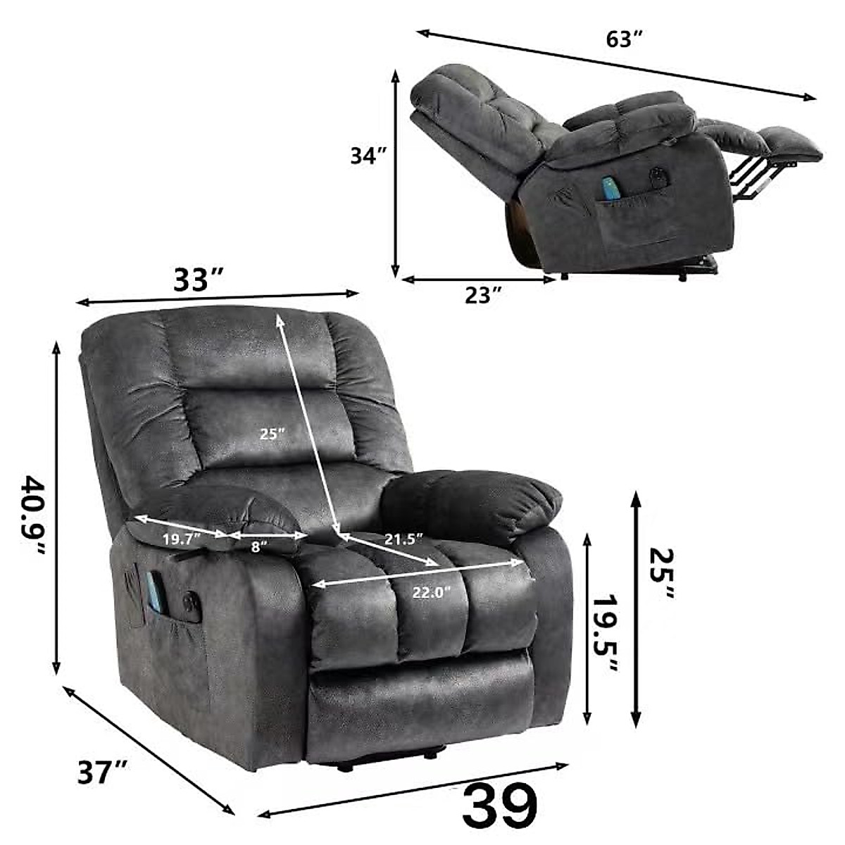 ERYE Electric Power Lift Recliner Chair Sofa for Elderly with Massage and Heat, 3 Positions Adjustable,2 Side Pockets Armchair, Charcoal Gray Microfiber Upholstery