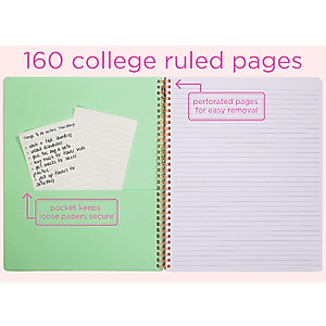Steel Mill & Co Cute Large Spiral Notebook College Ruled, 11" x 9.5" with Durable Hardcover and 160 Lined Pages, Mint Floral