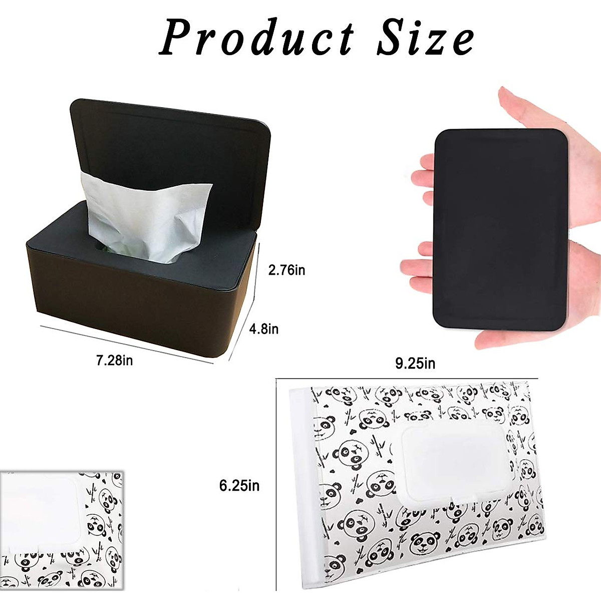 Baby Wipes Dispenser, Paper Tissues Portable Reusable Container Holder Pouch with Lids, for Napkin Nappy Paper Tissues Towel, Wipes Box Bag, Black, Panda Print
