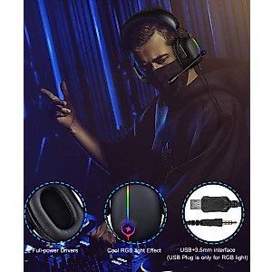 Gaming Headset Headphones with Microphone for Nintendo Switch Xbox One PS4, 4 Speaker Drivers Wired Headset with RGB Light, Noise Canceling Bass Surround Soft Memory Earmuffs for PC Controller PS5