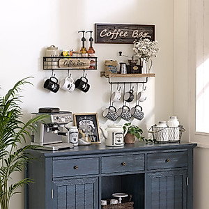 Coffee Cup Holder Coffee Bar Shelf with 12 Mug Hooks, Mug Organizer Floating Mug Racks for Wall, Coffee Cup Display Hanger Pods Holder, Farmhouse Coffee Bar Decor Kitchen Accessories