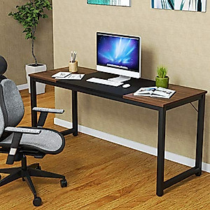 Tangkula 63 Inches Home Office Computer Desk, Large Writing Study Table, Computer Workstation with Solid Metal Frame for Home Office Bedroom, Dining Table (Black & Brown)
