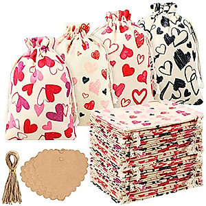 12 Pcs Valentine's Day Gift Bags Burlap Bags 5x7 Inch Valentine's Heart Gift Bags for Kids with 20 Pcs Kraft Paper Tags Drawstring Gift Bags Gift for Valentines Day Weddings Bridal Showers Anniversary