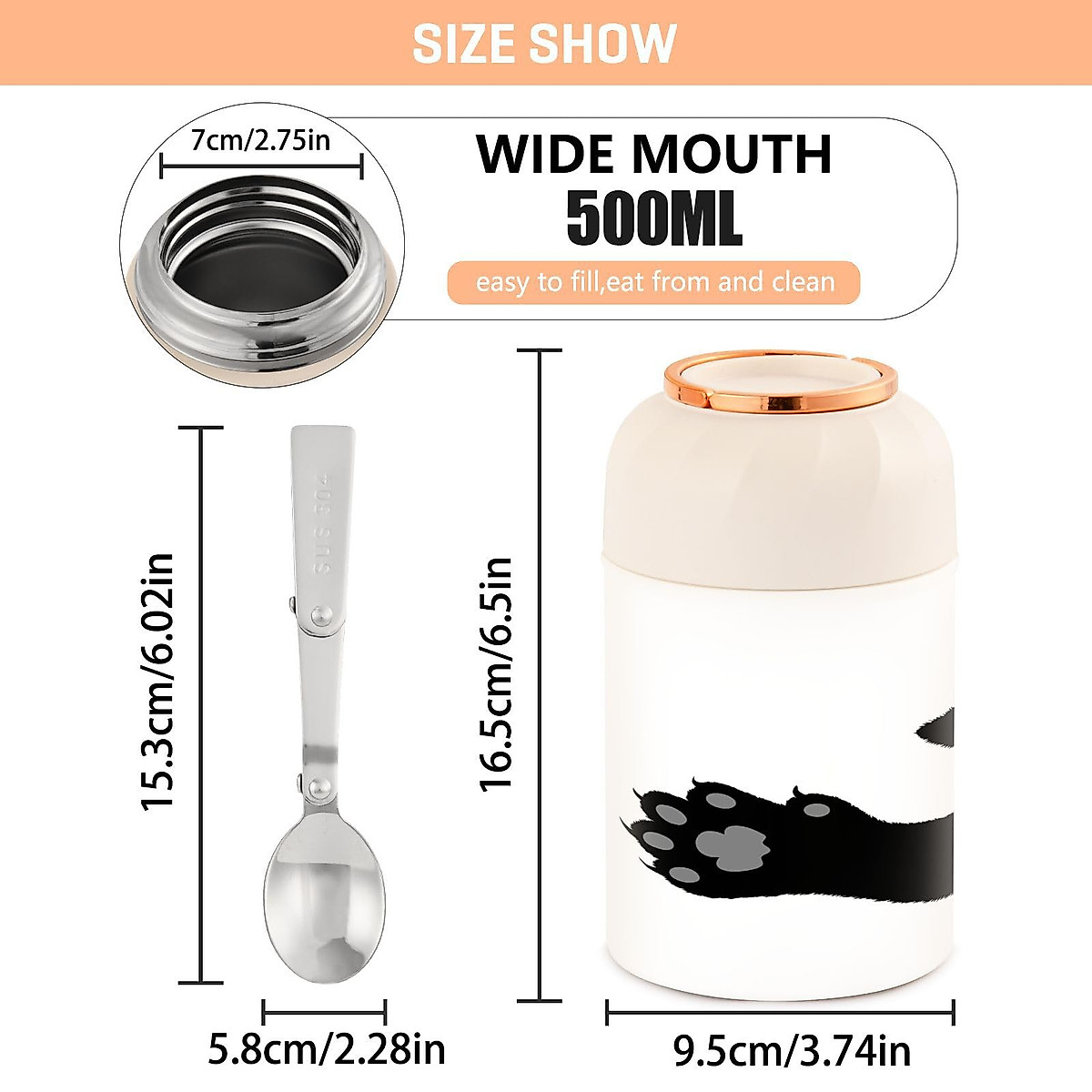 CUPADA Cat Paw Food Jar for Hot and Cold, Black Cat Insulated Food Jars Vacuum 17OZ with Folding Spoon for Work Trip Picnic Camping