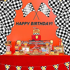 Prasacco 10Pcs Racing Car Balloon Checkerboard Mylar Balloon Foil Balloons with Ribbon and Straw Black White Checkered Helium Balloon for Boy Adult 18inch