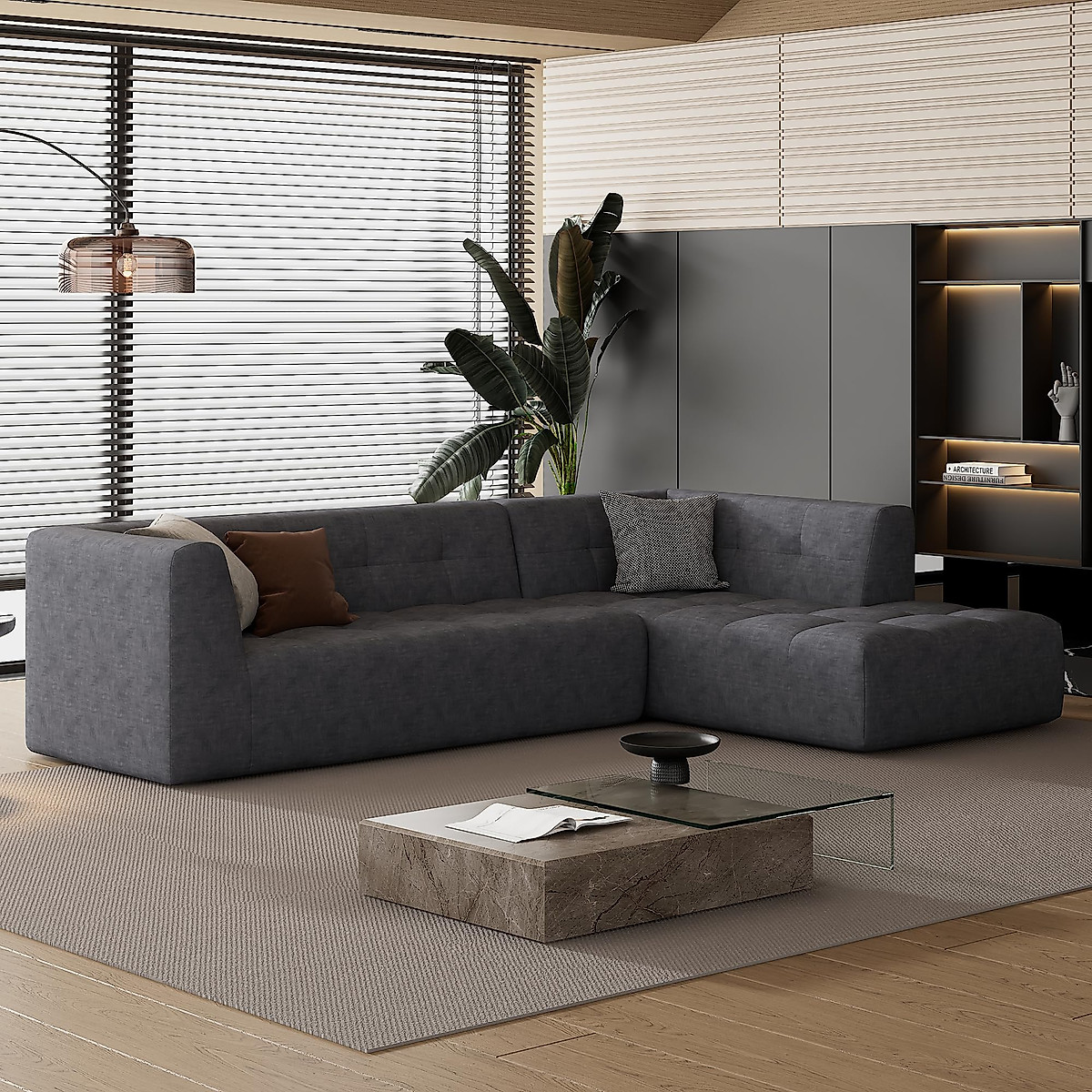 BAMOOLI 110'' Modular Sectional Couch, Modern L-Shape Floor Sofa with Chaise Lounge, Comfy Chenille Fabric Sponge Sofa Couch, Upholstered Corner Cloud Couch for Living Room, Bedroom, Office, Dark Grey