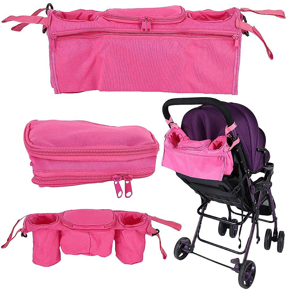 Stroller Organizer with Cup Holder, Zipper Design Durable Stroller Organizer Bag, Hook & Loop Design Cart for Umbrella Stroller(Pink)