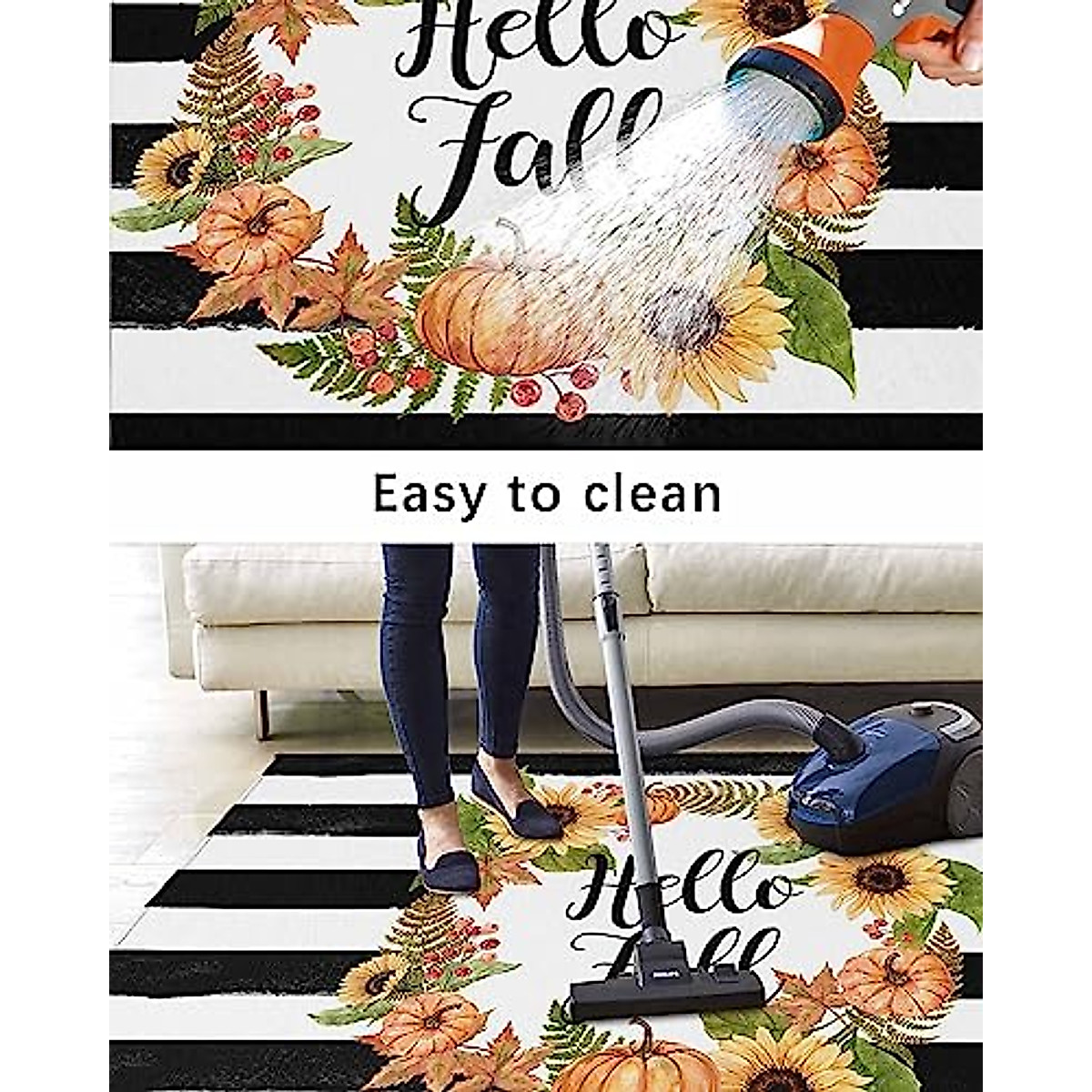 Outdoor Area Rug for Patio,Fall Thanksgiving Sunflower Pumpkin Camping Rugs Indoor Large Floor Mat 4x6ft,Leaf Berry Black White Stripe Outside Carpet for Deck RV Picnic Porch Backyard Bedroom