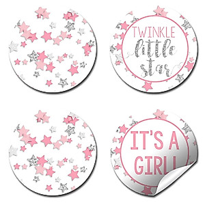 Pink & Silver Twinkle Little Star Girl Baby Sprinkle Baby Shower Kiss Sticker Labels, 300 0.75" Circle Stickers for Chocolate Kisses by Amanda Creation, Great for Favors, Treats, Envelopes & Bags