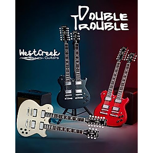 WestCreek DOUBLE TROUBLE Electric Guitar Double Neck 12 String & 6 String Guitar, Rosewood Fretboard and Mahogany Body (White)