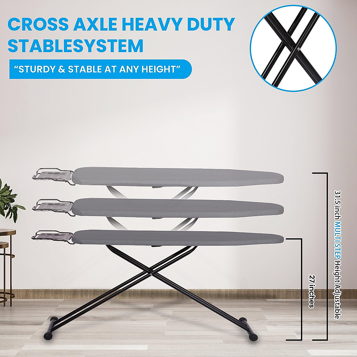 Jakeefud Deluxe Ironing Board with Extra Thick Heavy Duty Padded Cotton Cover,Hanger Iron Board,Lightweight and Easy Storage with Smart Hanger, for Small Spaces, Laundry Rooms (Size 43.3"x12.2") Grey