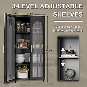 RpAosd 59" Metal Storage Cabinet with Glass Doors,Glass Display Cabinet for Living Room,Dining Room and Kitchen,Decorative Sideboard Buffet Cabinet with Glass Doors and Shelves (Black)