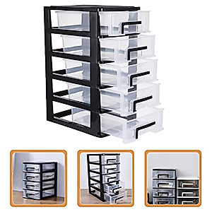 Tofficu 5 Drawer Storage Tower Plastic Storage Multifunctional Storage Cabinet with Clear Drawers Storage Case Organizer for Craft Stationary(Black)