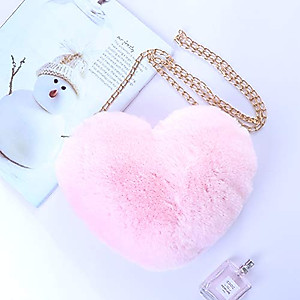 FENICAL Cellphone Purse Plush Heart Shaped Crossbody Bag with Chain Cute Fluffy Shoulder Bag for Women Ladies- Pink