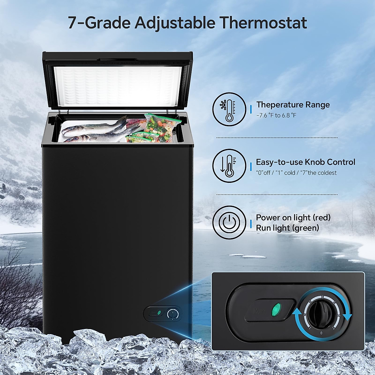 Kismile 3.5 Cubic Feet Chest Freezer with 2 Removable Baskets Free Standing Top Open Door Compact Freezer with Adjustable Temperature for Home/Kitchen/Office/Bar (3.5 Cubic Feet, Black)