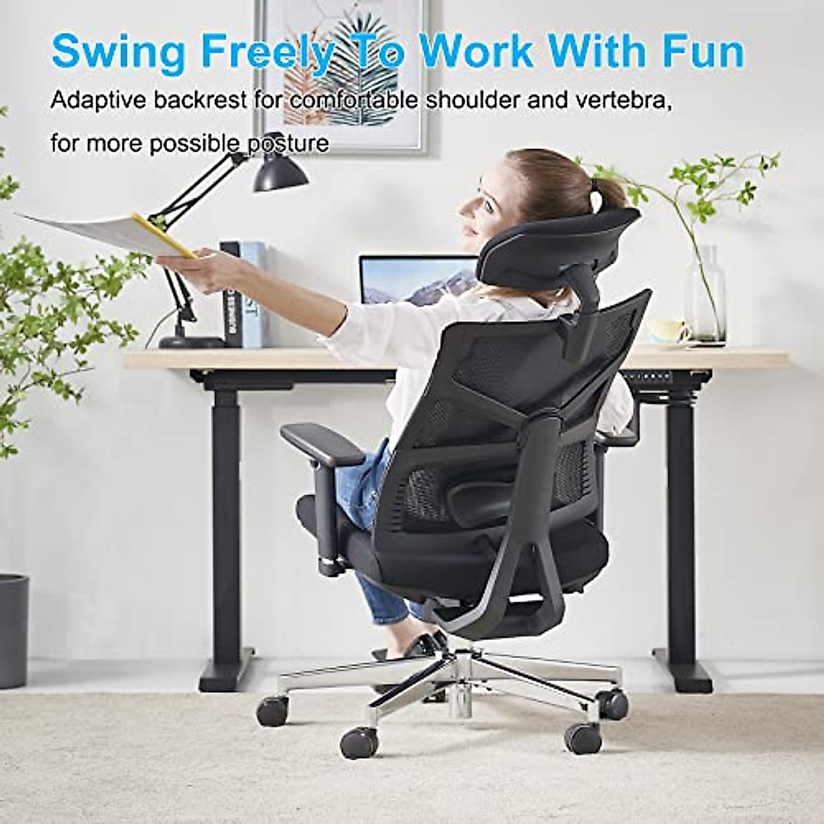 HOLLUDLE Ergonomic Office Chair with Adaptive Backrest, High Back Computer Desk Chair with 4D Armrests, Adjustable Seat Depth, Lumbar Support and 2D Headrest, Swivel Task Chair, Black