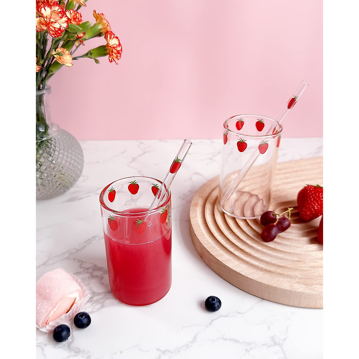 Kreapa strawberry cups 2 SetsCute glass strawberry cups 300ML straw glass cups, Cute strawberry pattern glass bottles for water milk tea, coffee juice tea cups （2pcs）