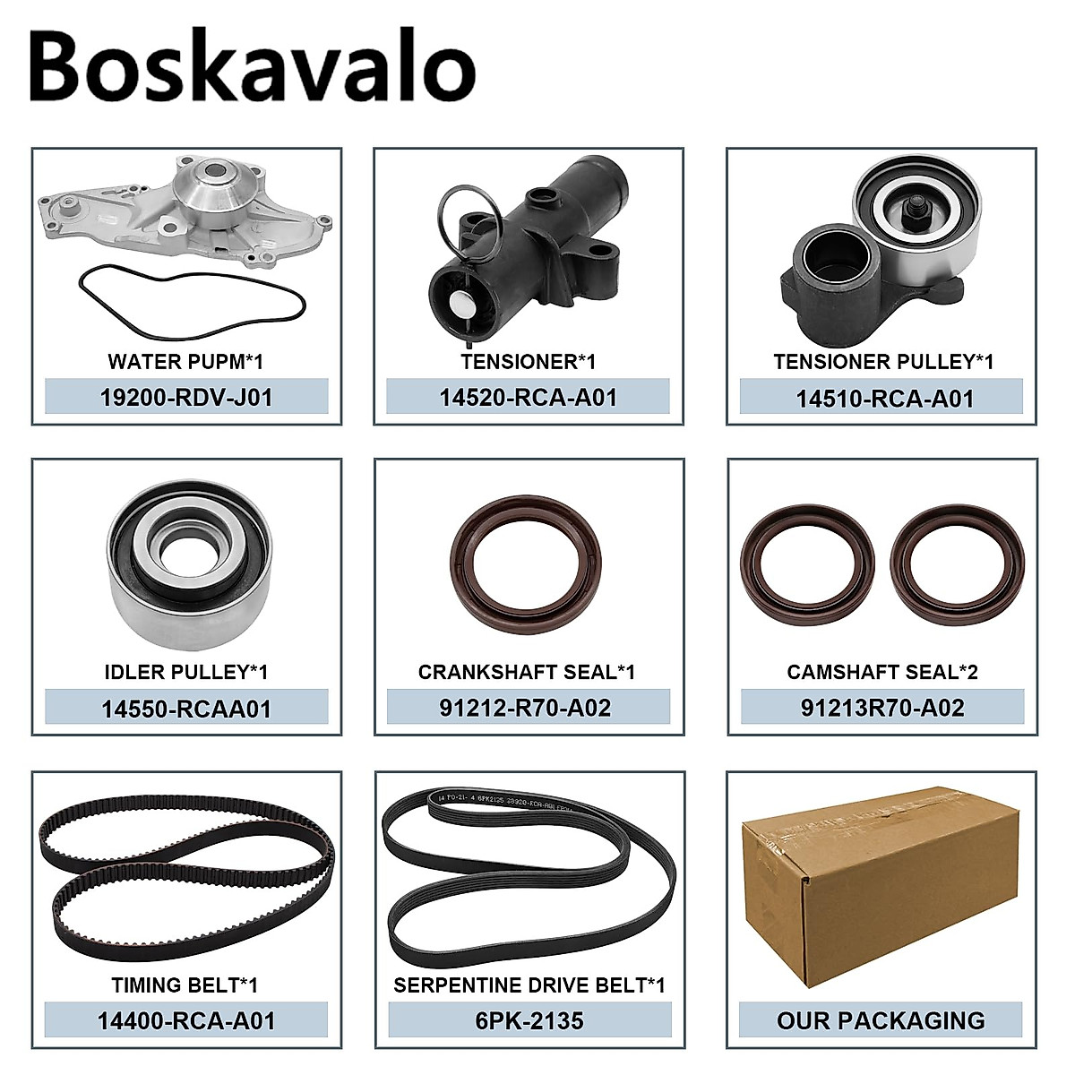 Boskavalo Engine Timing Belt Kit with Water Pump Compatible with 2003-2018 Honda Accord Pilot Crosstour Odyssey Ridgeline Acura MDX RDX RL TL TSX ZDX Saturn Vue Replaces TKH002 19200-RDV-J01 TCKWP329
