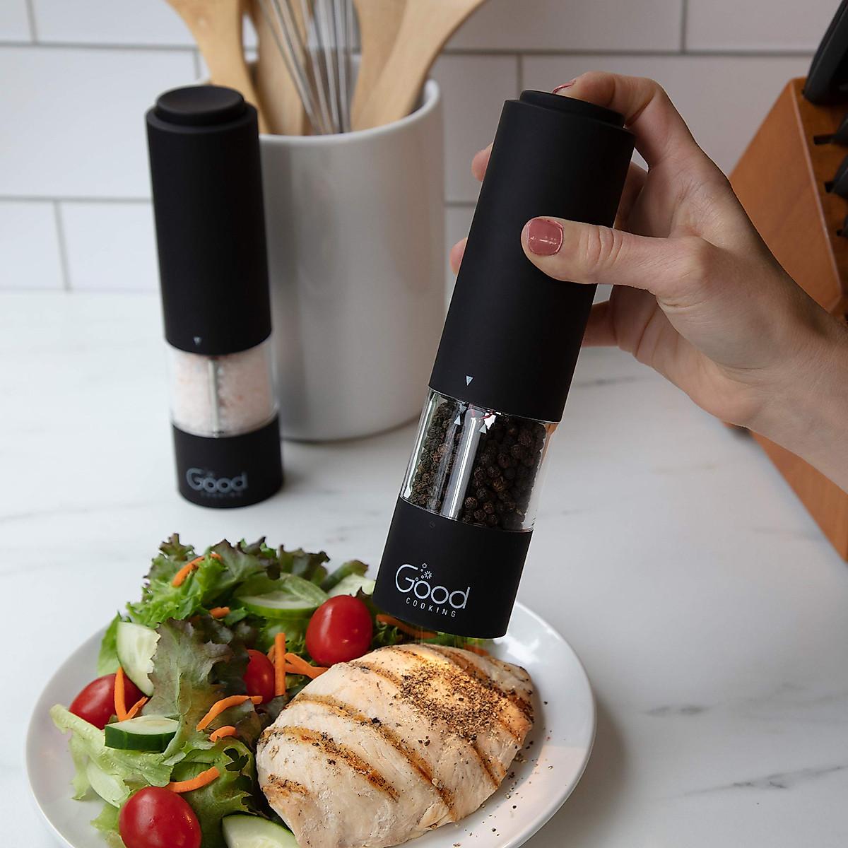 Electric Pepper Grinder and Salt Mill (2 Pack)- Battery Operated One-Handed Spice Dispenser w LED Light & Adjustable Coarseness- Matte Black, Batteries Included
